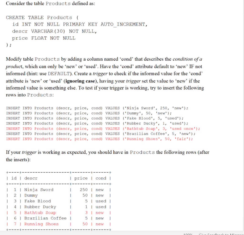 Solved Consider the table Products defined as: CREATE TABLE | Chegg.com