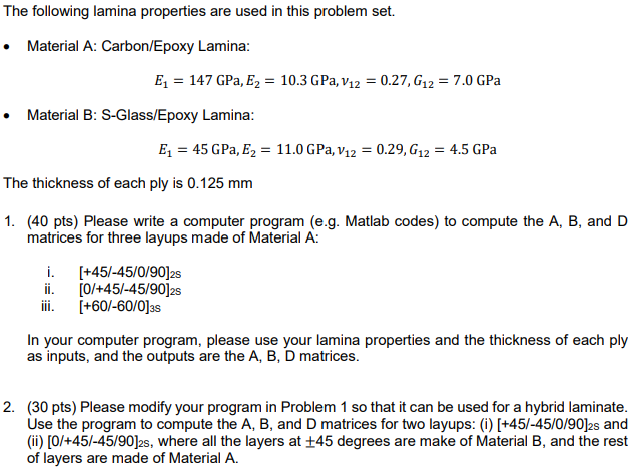 Solved The following lamina properties are used in this | Chegg.com