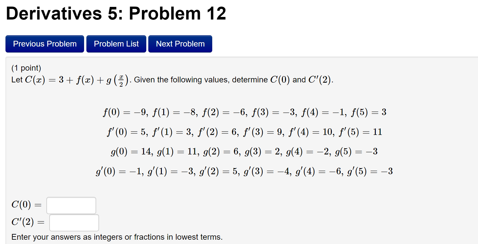 Solved (1 point) Let C(x)=3+f(x)+g(2x). Given the following | Chegg.com