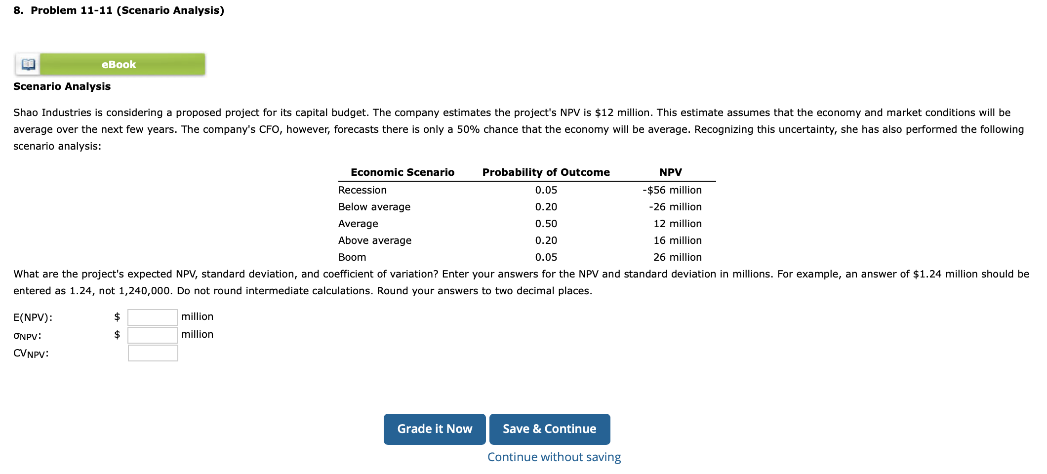 Solved 8. Problem 11-11 (Scenario Analysis) Scenario | Chegg.com
