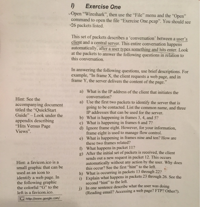 Solved I) Exercise One Open "Wireshark", then use the "File" | Chegg.com