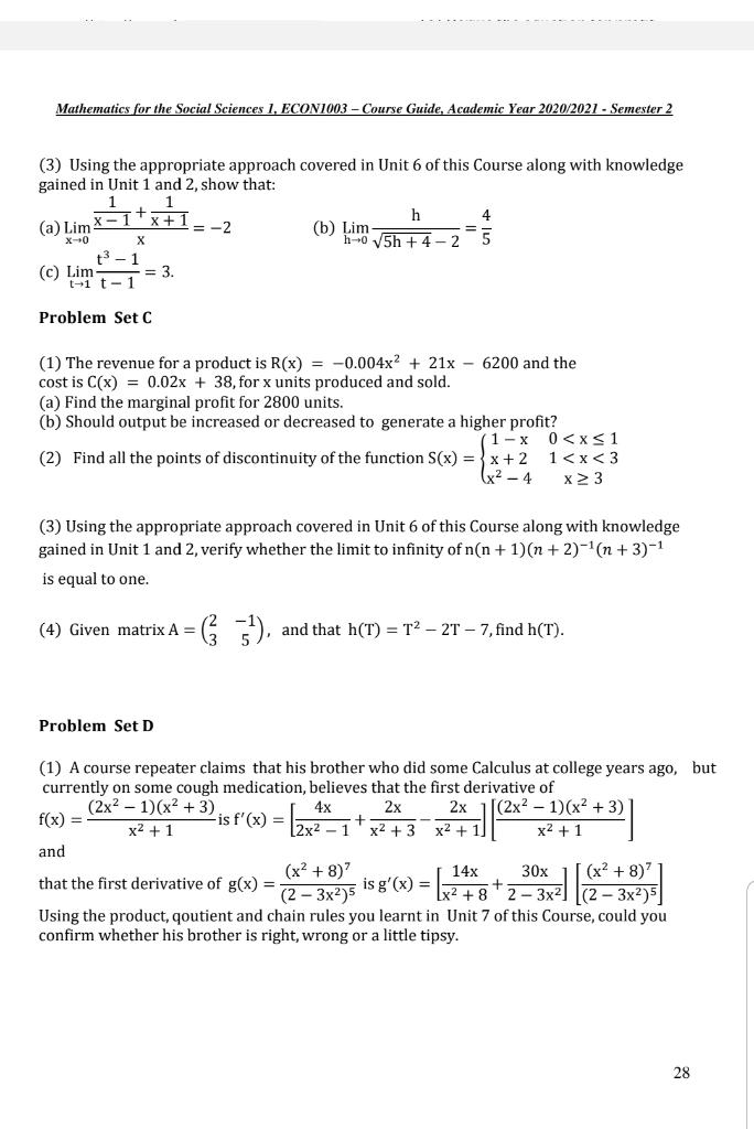 Solved Mathematics for the Social Sciences 1, ECON1003 - | Chegg.com