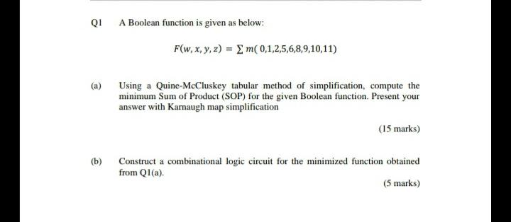 Solved Q1 A Boolean function is given as below: F(w.x, y, z) | Chegg.com