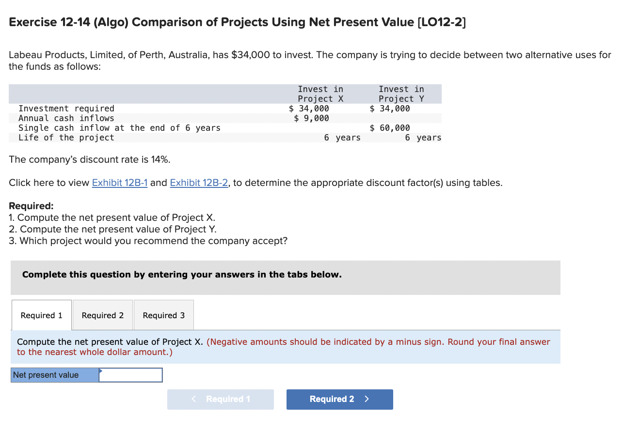 Solved Exercise 12-14 (Algo) Comparison of Projects Using | Chegg.com