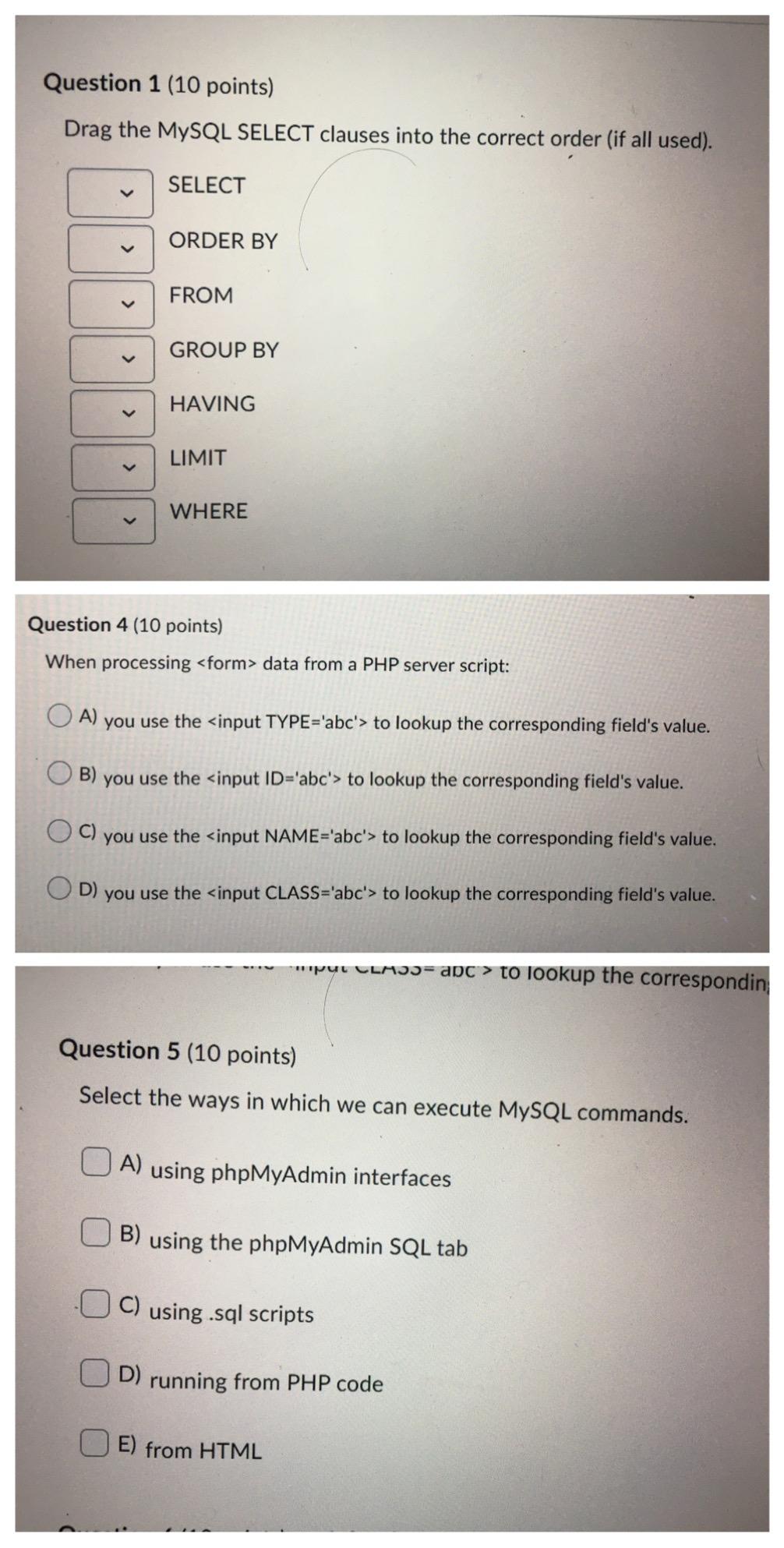 Solved Question 1 (10 points) Drag the MySQL SELECT clauses | Chegg.com