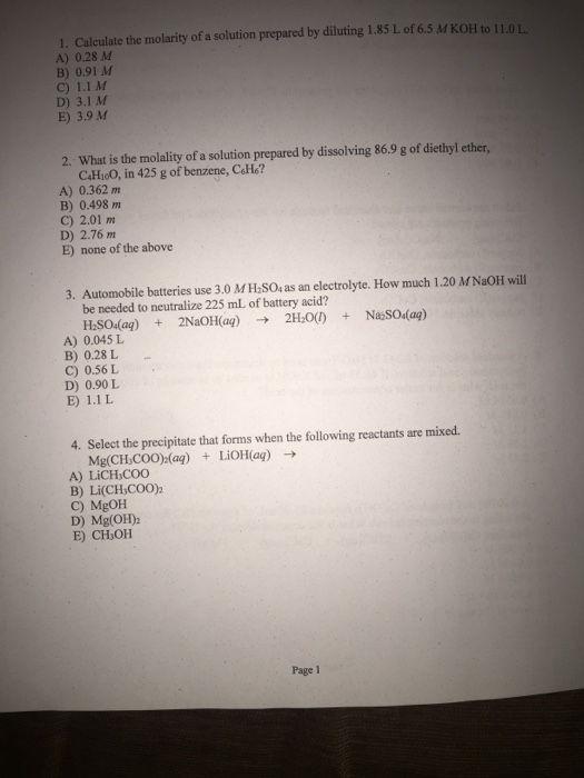 Solved 1. Calculate the molarity of a solution prepared by | Chegg.com