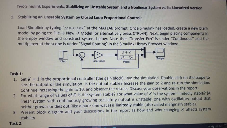 Solved Two Simulink Experiments: Stabilizing an Unstable | Chegg.com