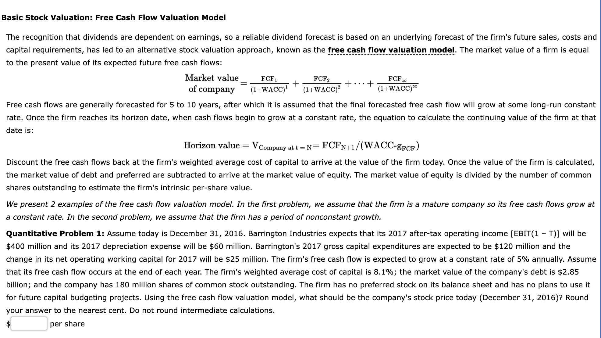 Solved Basic Stock Valuation: Free Cash Flow Valuation Model | Chegg.com