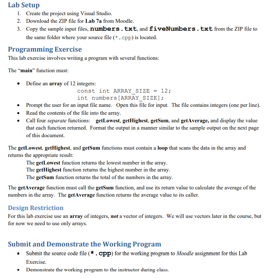 Solved Lab Setup 1. Create the project using Visual Studio. | Chegg.com