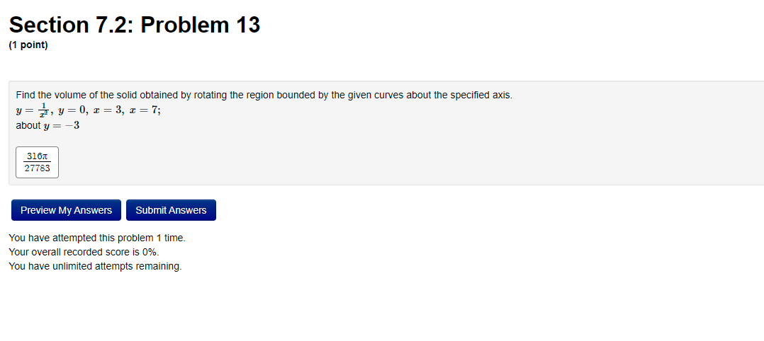 Solved Section 7.2: Problem 13 (1 point) Find the volume of | Chegg.com