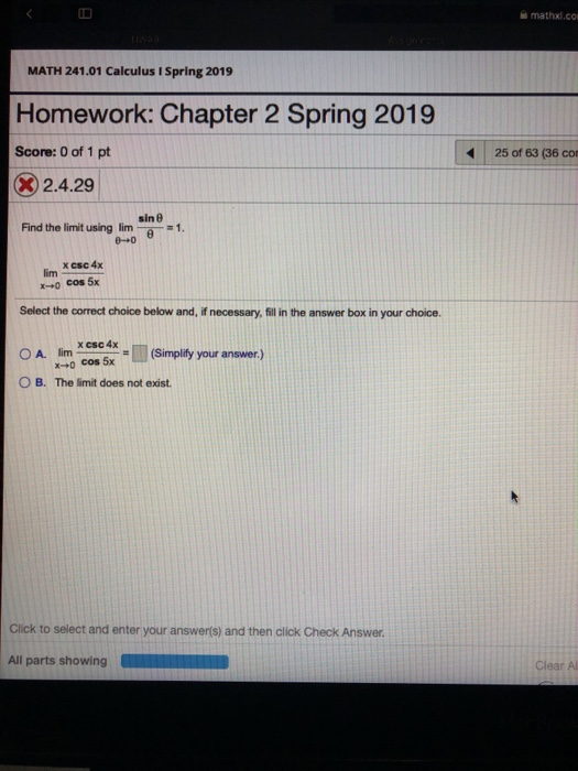 Solved mathxl.co MATH 241.01 Calculus I Spring 2019 | Chegg.com