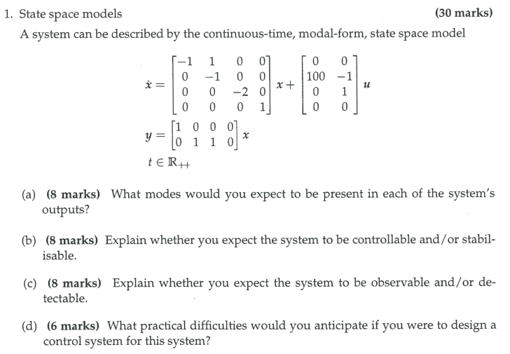 Solved State space modelsA system can be ﻿described by ﻿the | Chegg.com