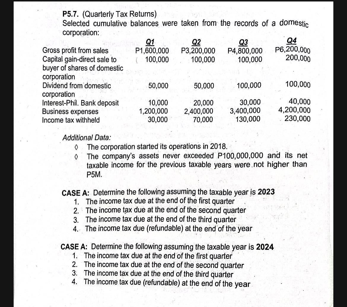 P5.7. (Quarterly Tax Returns) Selected cumulative | Chegg.com