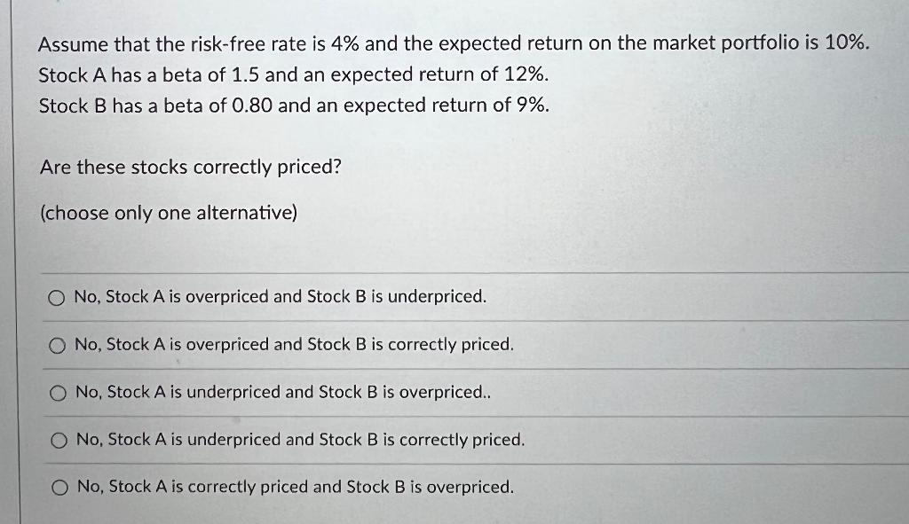 Solved Assume that the risk-free rate is 4% and the expected | Chegg.com