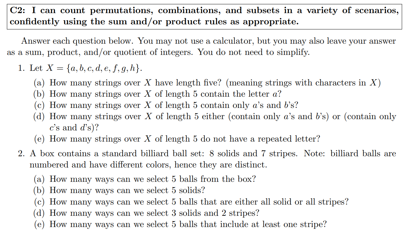 Solved C2: I can count permutations, combinations, and | Chegg.com