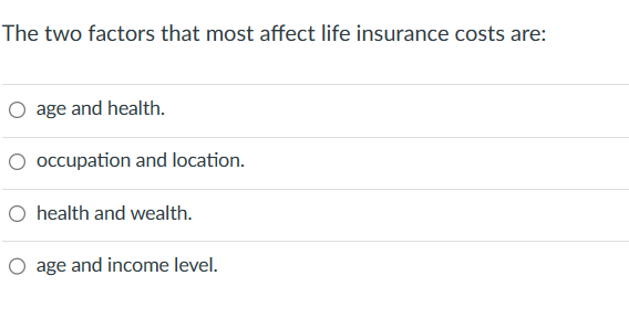 Solved The two factors that most affect life insurance costs | Chegg.com