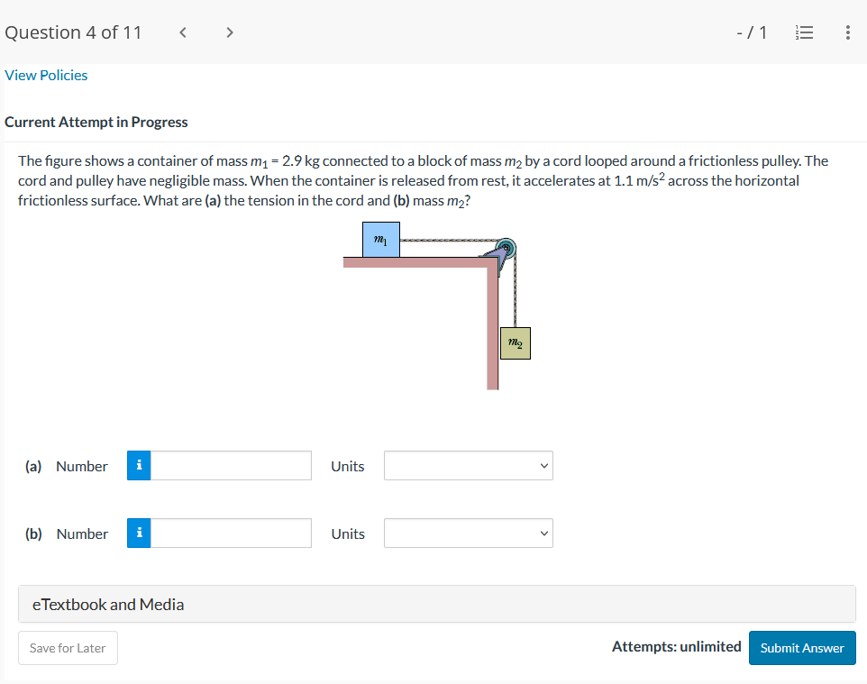 Solved The figure shows a container of mass m1=2.9 kg | Chegg.com