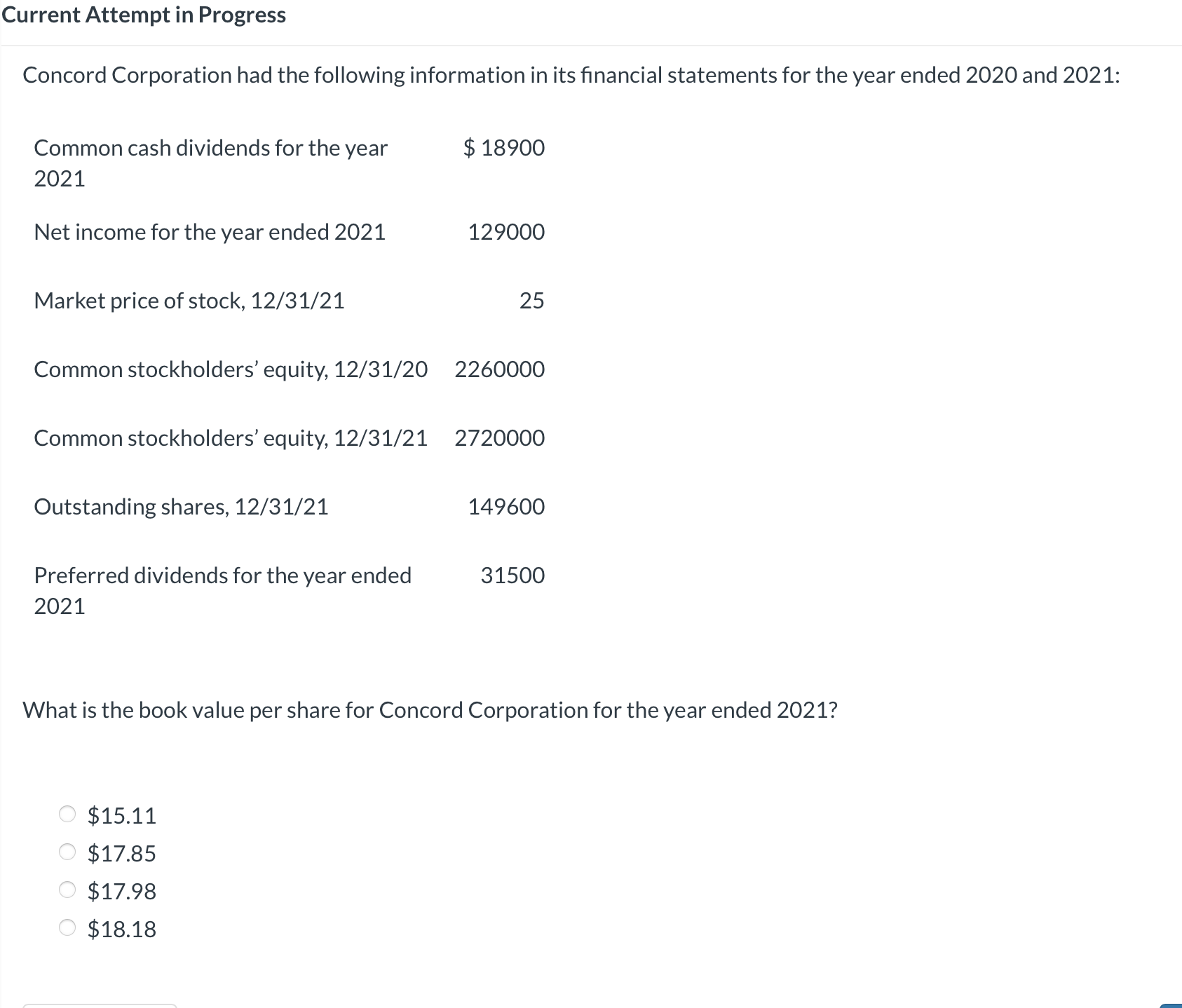 Solved Current Attempt in Progress Concord Corporation had | Chegg.com