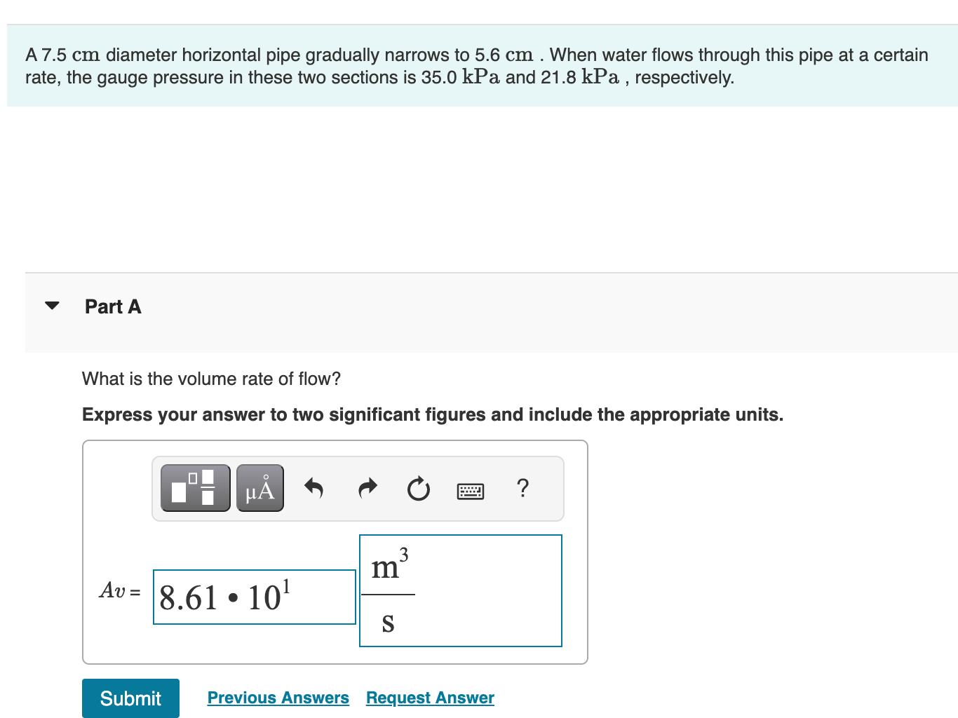 Solved A 7.5 cm diameter horizontal pipe gradually narrows | Chegg.com