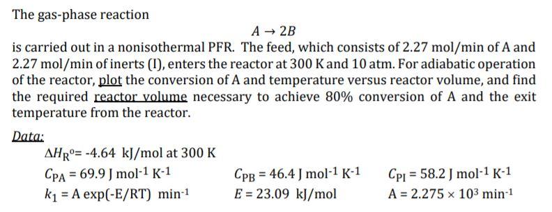Solved The gas-phase reaction A → 2B is carried out in a | Chegg.com
