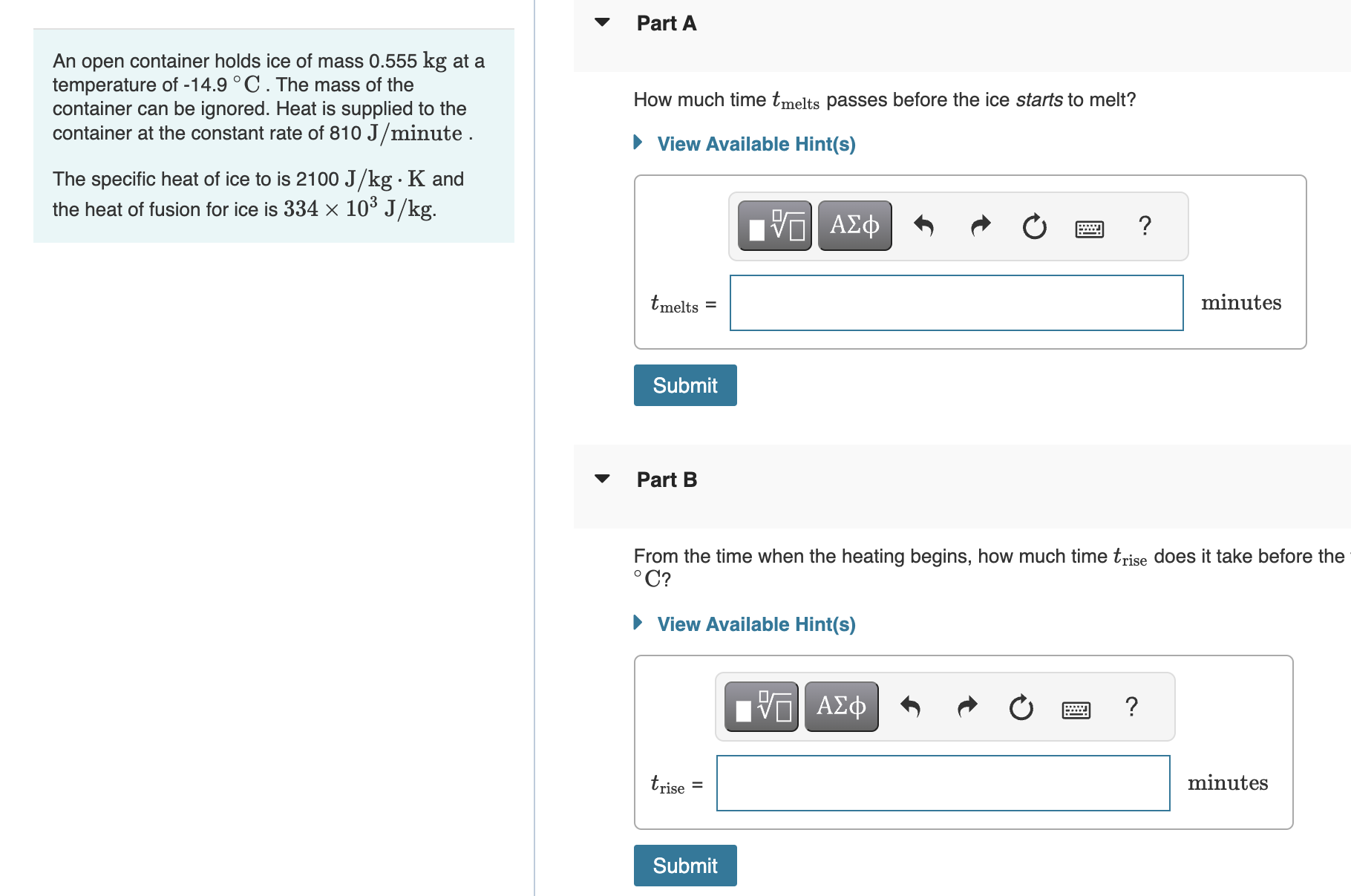 Solved Part AAn open container holds ice of mass 0.555kg ﻿at | Chegg.com