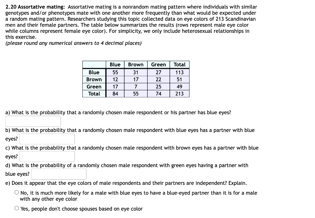 Solved 2.20 Assortative mating: Assortative mating is a | Chegg.com
