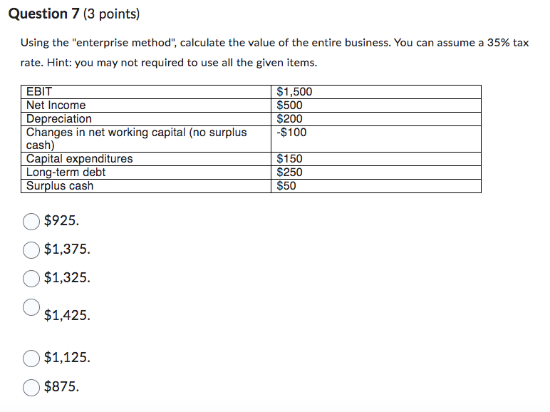 Solved Using the "enterprise method", calculate the value of | Chegg.com