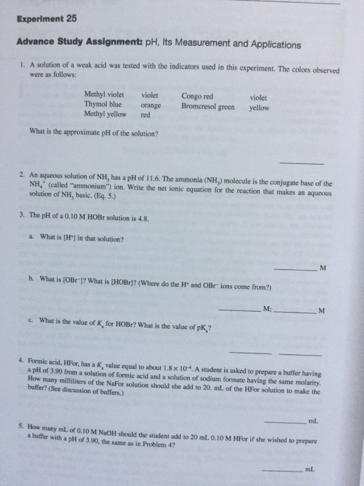 Solved Experiment 25 Advance Study Assignment: pH, Its | Chegg.com