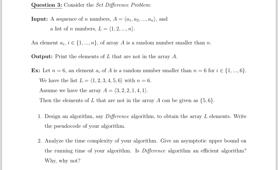Question 3: Consider the Set Difference Problem: | Chegg.com