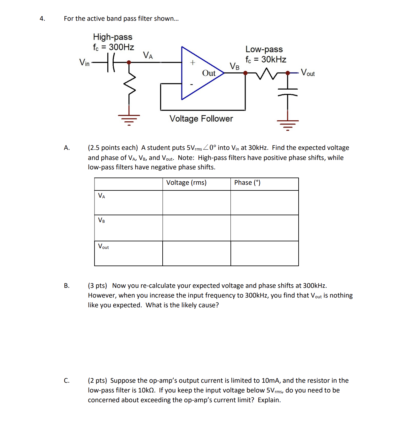 Solved For the active band pass filter shown... A. (2.5 | Chegg.com
