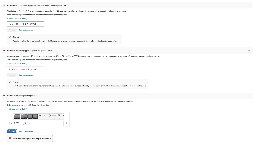 Solved - Part A - Calculating average power, reactive power, | Chegg.com