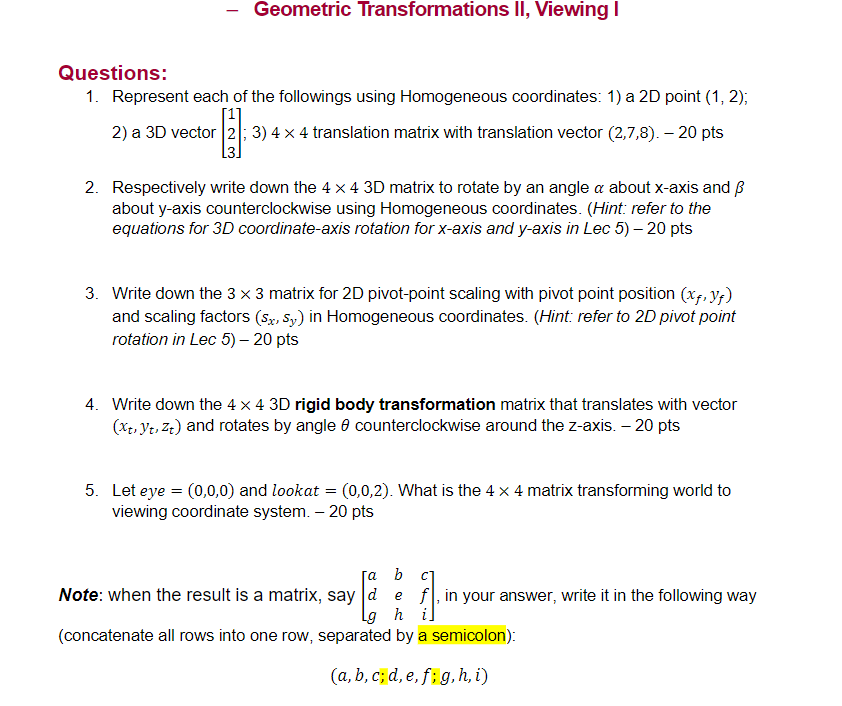 Solved Geometric Transformations II, Viewing! Questions: 1. | Chegg.com