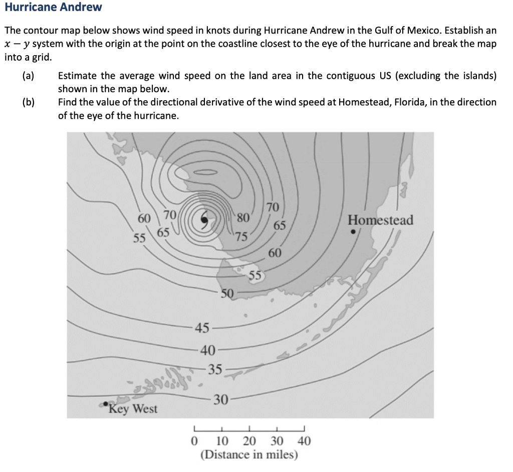 Solved Hurricane Andrew The contour map below shows wind | Chegg.com