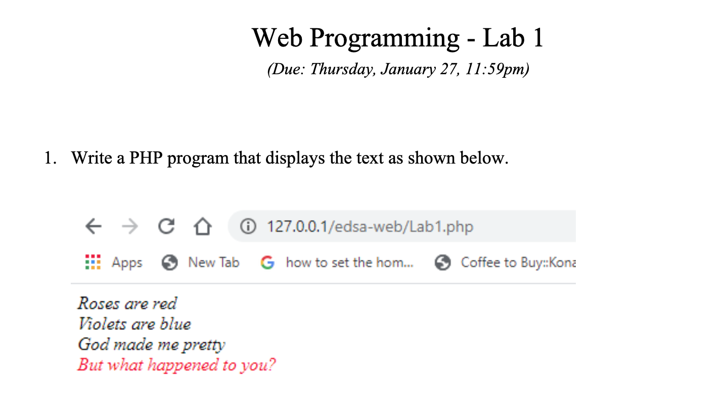 Solved Web Programming - Lab 1 (Due: Thursday, January 27, | Chegg.com