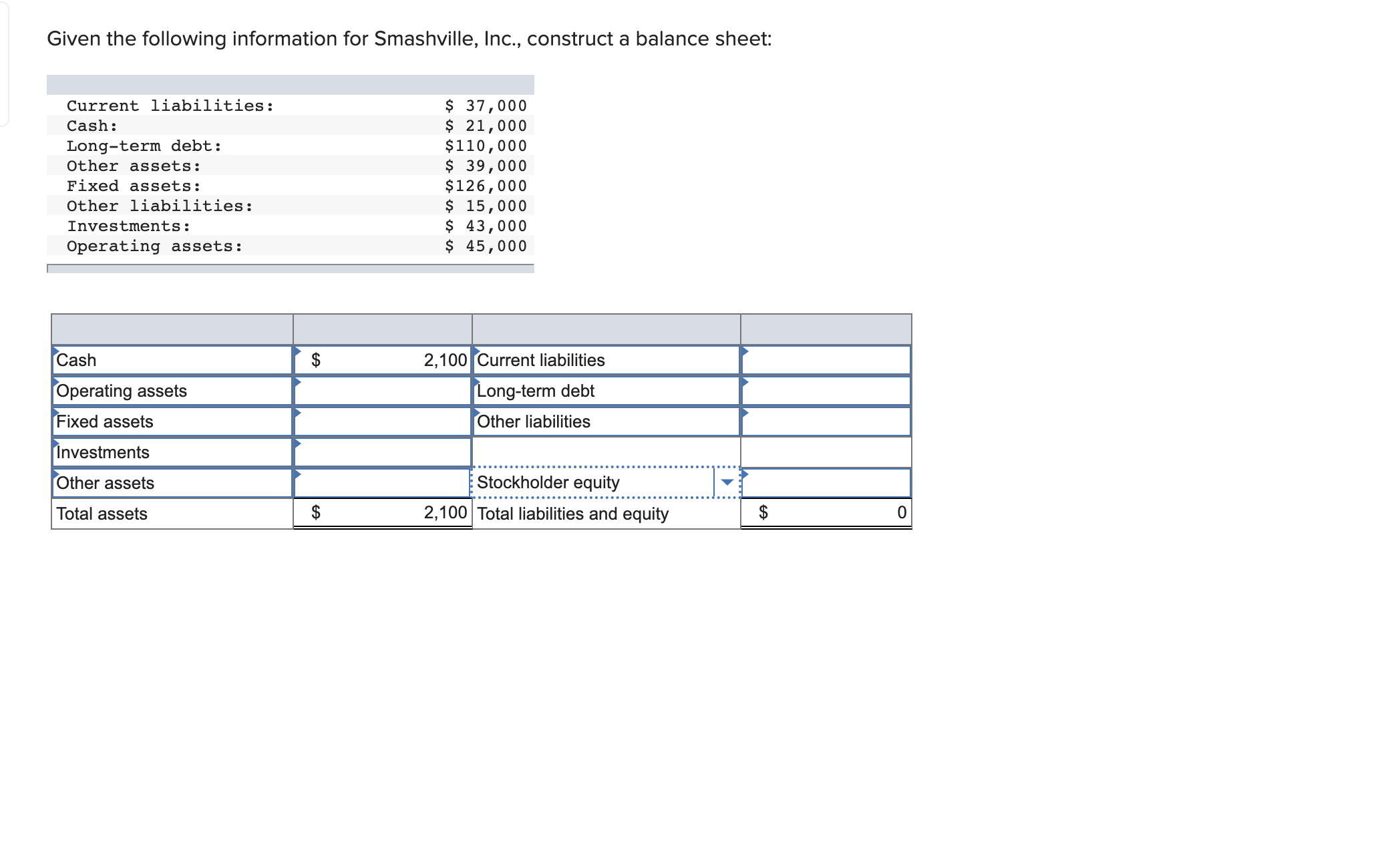 Solved Given the following information for Smashville, Inc., | Chegg.com