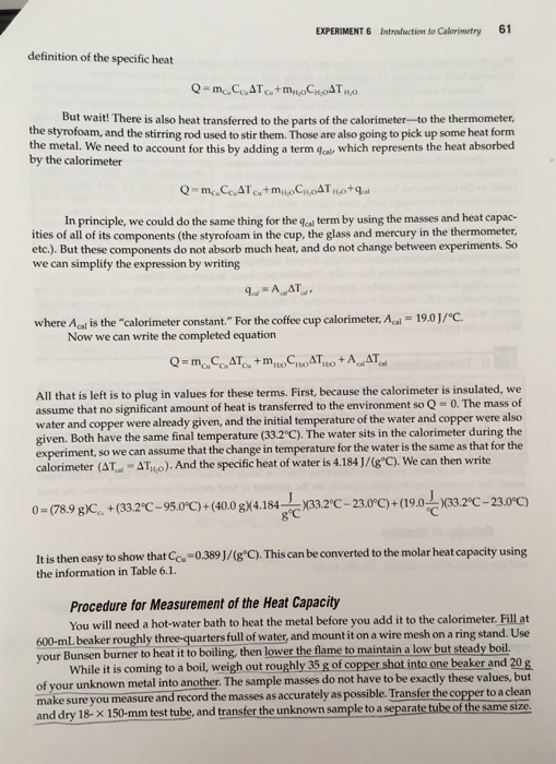 EXPERIMENT 6 INTRODUCTION TO CALORIMETRY To | Chegg.com