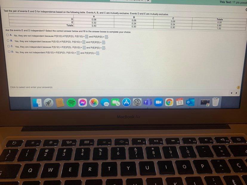 Solved This Test: 17 pts posse C Totals 0.20 0.80 1.00 Test | Chegg.com