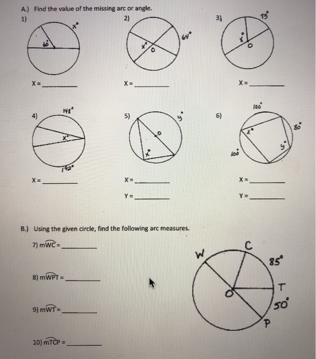 Solved A.) Find the value of the missing arc or angle. 1) 2) | Chegg.com