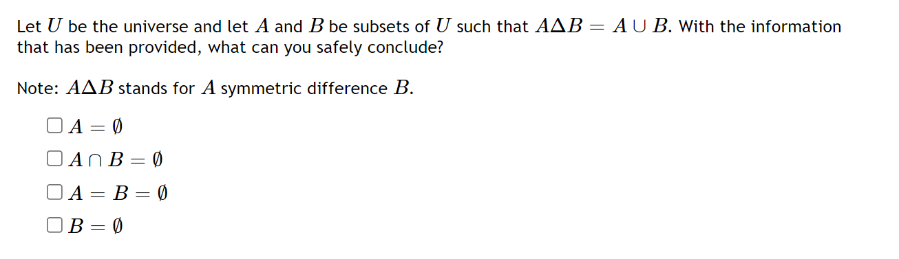 Solved Let U be the universe and let A and B be subsets of U | Chegg.com