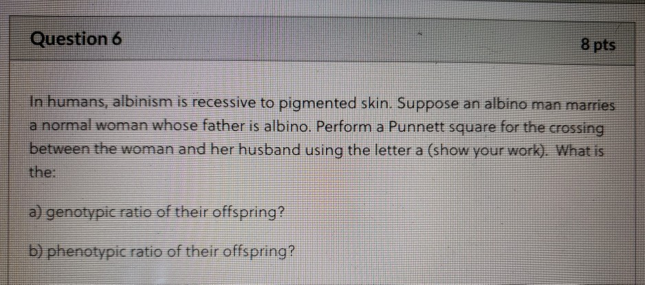Solved Question 6 8 pts In humans, albinism is recessive to | Chegg.com