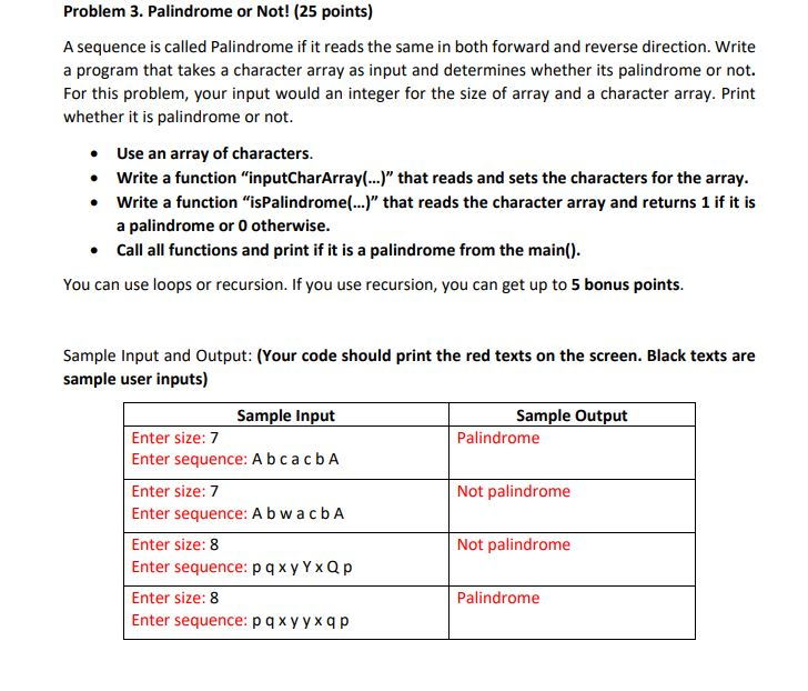 Solved Problem 3 Palindrome 25 Points Sequence Called Palindrome Reads Forward Reverse 8776