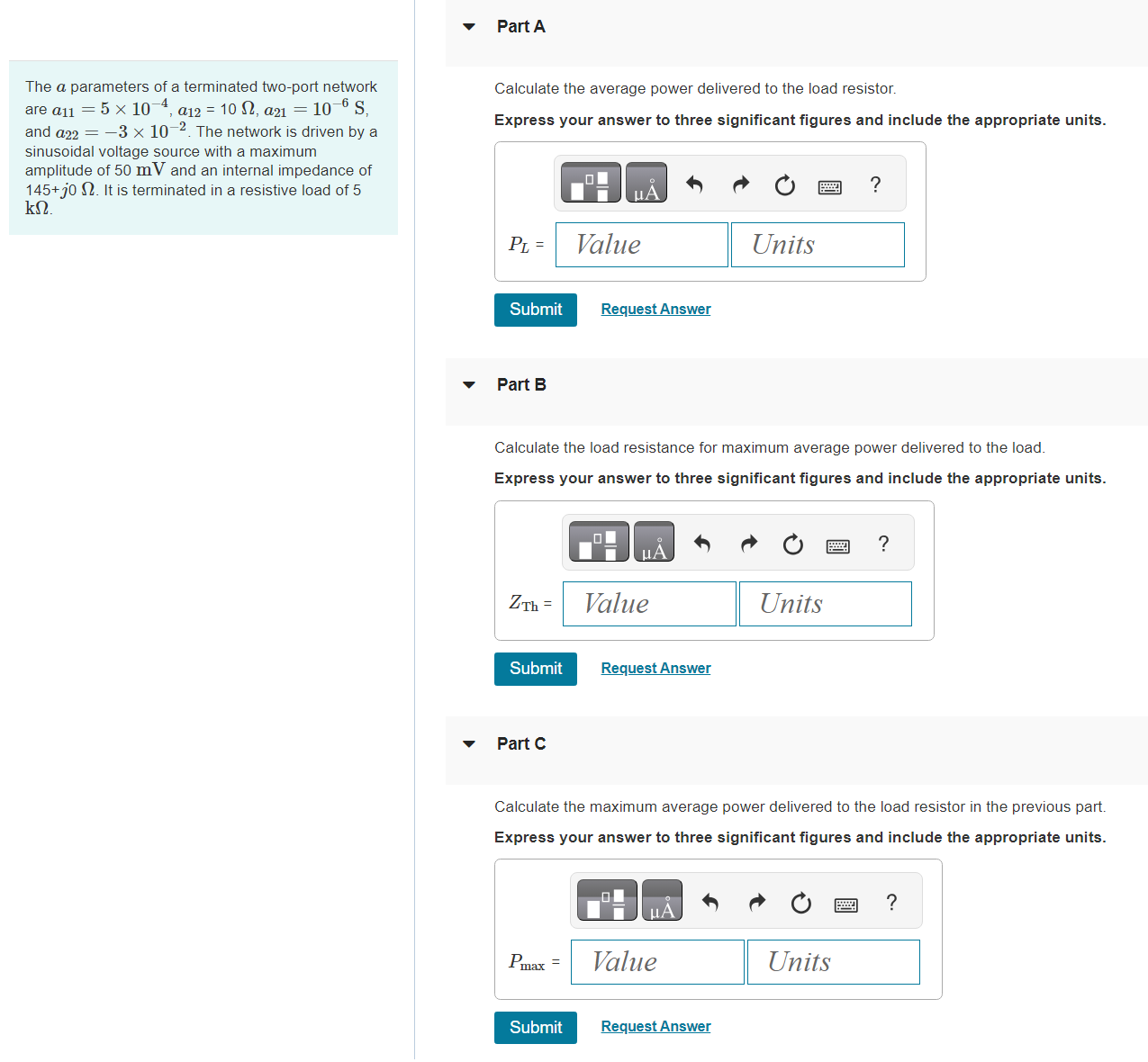 Solved Part A\\nThe a parameters of a terminated two-port | Chegg.com