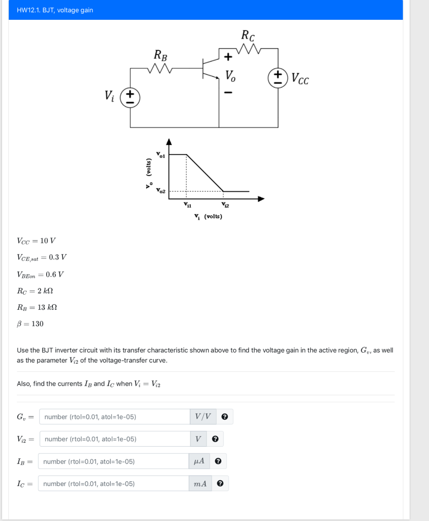 Solved HW12.1. BJT, voltage gain RD Vo @ Vcc Vi + (sioa) V | Chegg.com