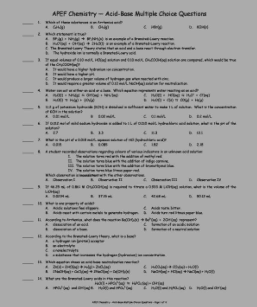 Solved APEF Chemistry - Acid-Base Multiple Choice Questions | Chegg.com