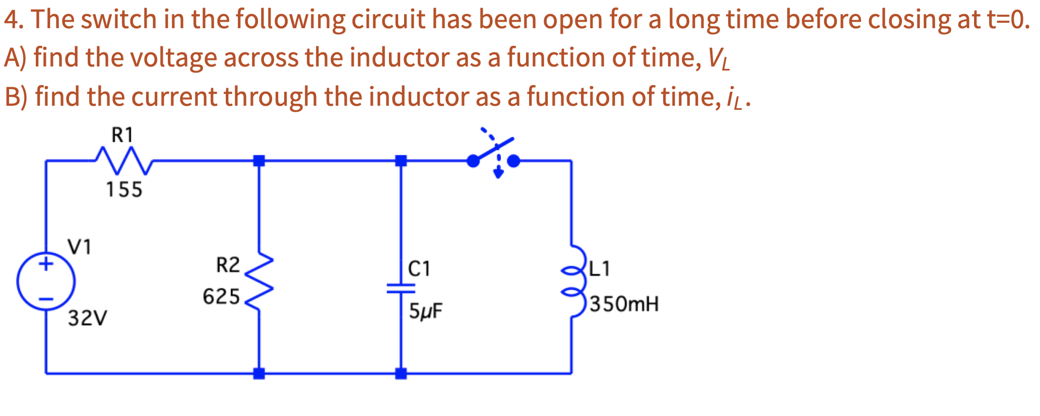 Solved The switch in the following circuit has been open for | Chegg.com
