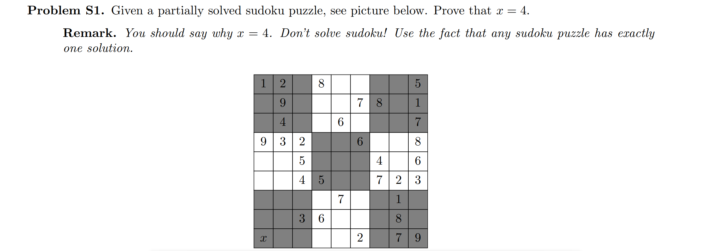 Solved Problem S1. Given a partially solved sudoku puzzle, | Chegg.com