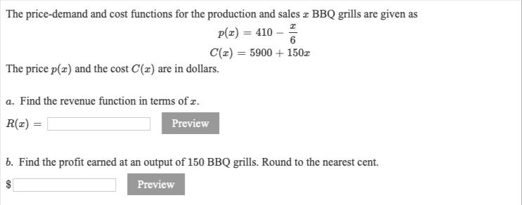 Solved The price-demand and cost functions for the | Chegg.com