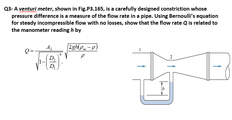 Solved Q3- A venturi meter, shown in Fig.P3.165, is a | Chegg.com