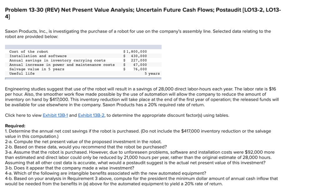 Solved Problem 13-30 (REV) Net Present Value Analysis; | Chegg.com
