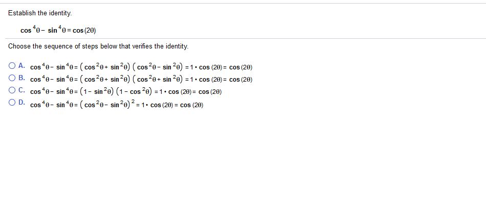 Solved Establish the identity. sin e (20) COS 0 ECos Choose | Chegg.com